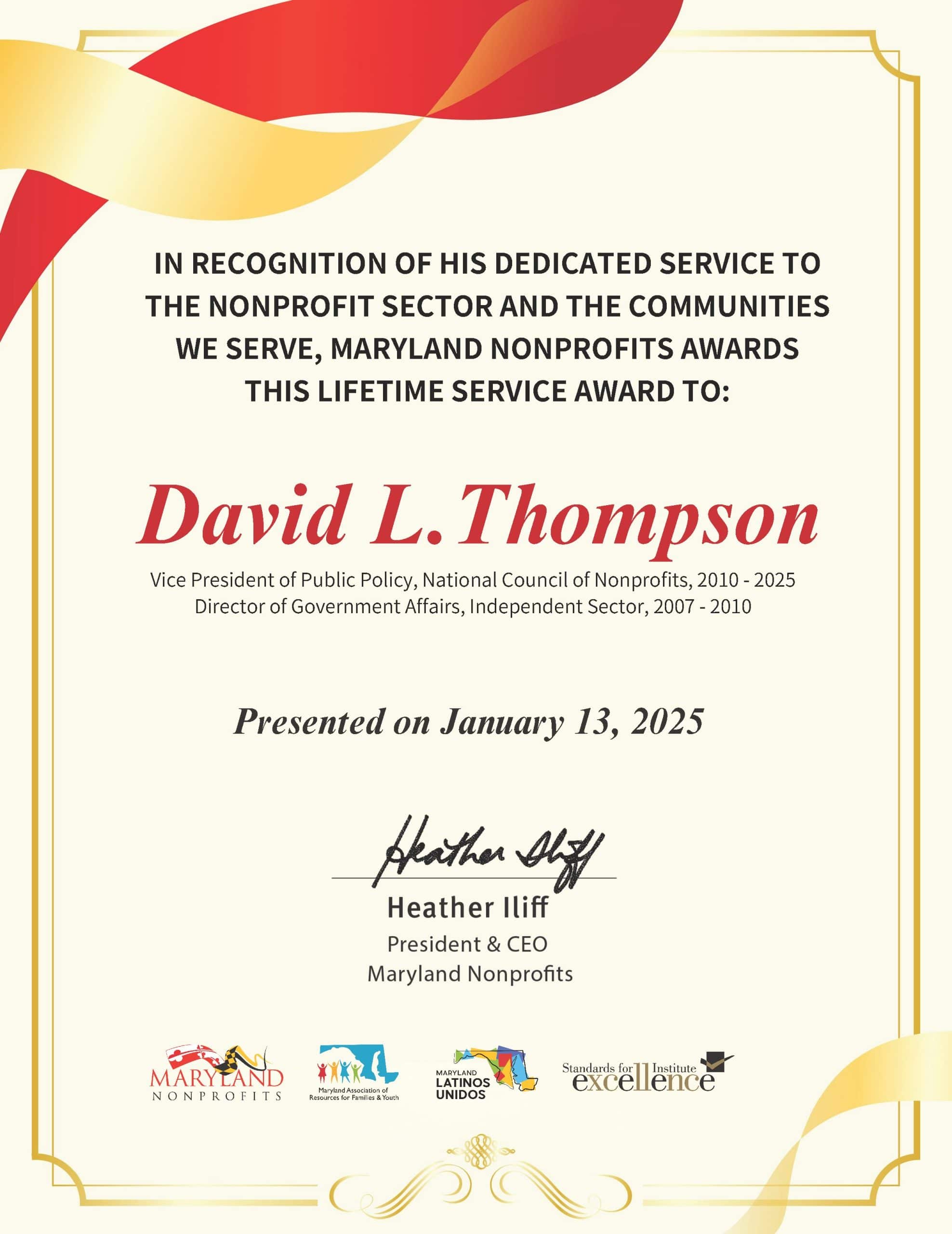 Honoring David L. Thompson with the Lifetime Service Award - Maryland ...